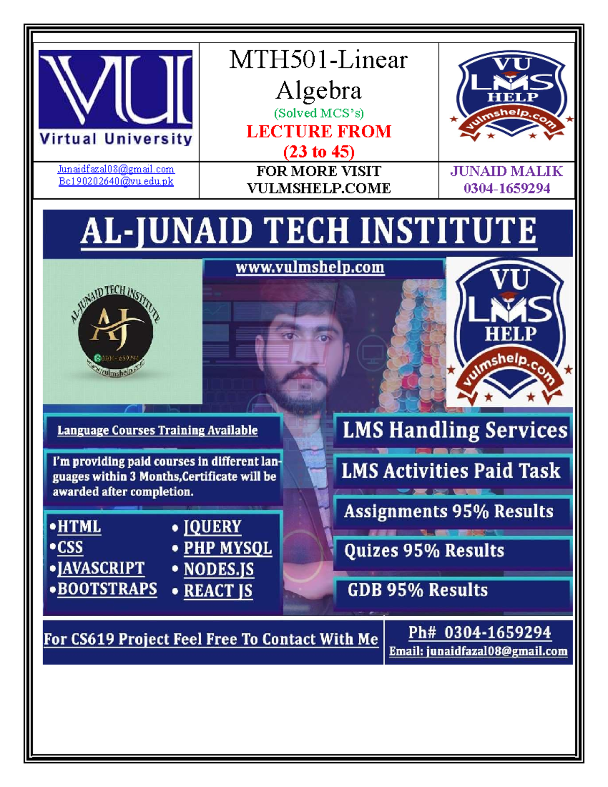 MTH501 Solved MCQs Final TERM BY Junaid - MTH501-Linear Algebra (Solved ...