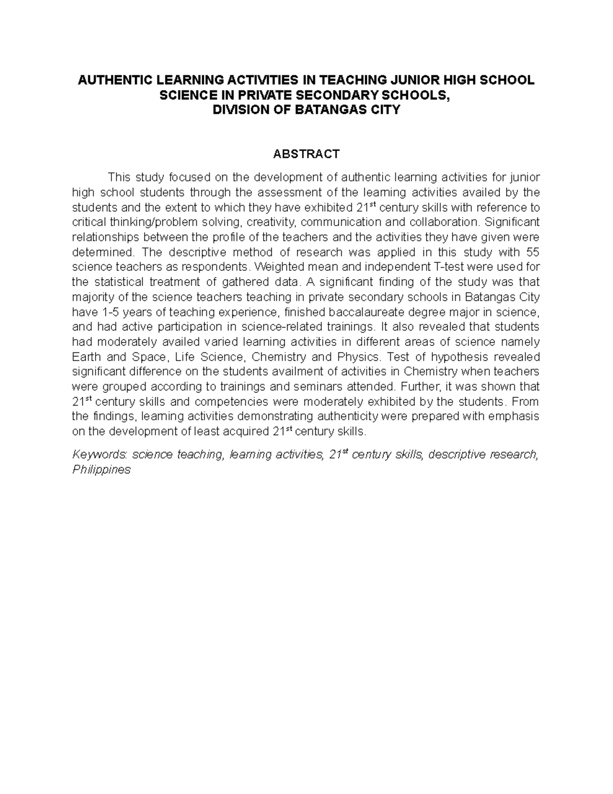 Research Abstract - AUTHENTIC LEARNING ACTIVITIES IN TEACHING JUNIOR ...