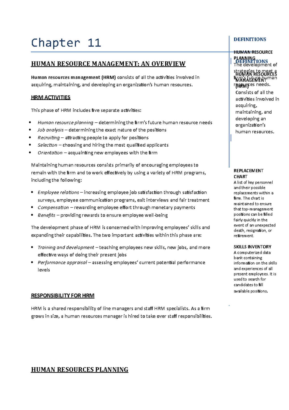 Chapter 11 - Chapter 11 HUMAN RESOURCE MANAGEMENT: AN OVERVIEW Human ...