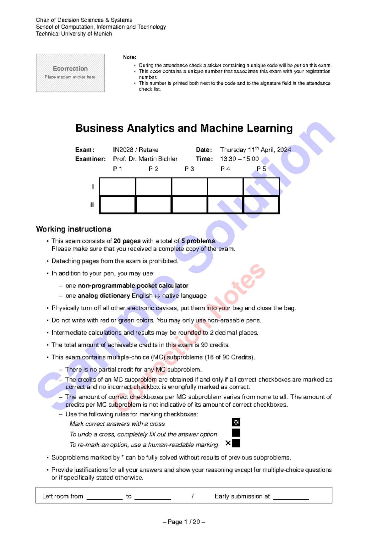 End Term Exam question - Sample Solution Correction Notes Chair of ...