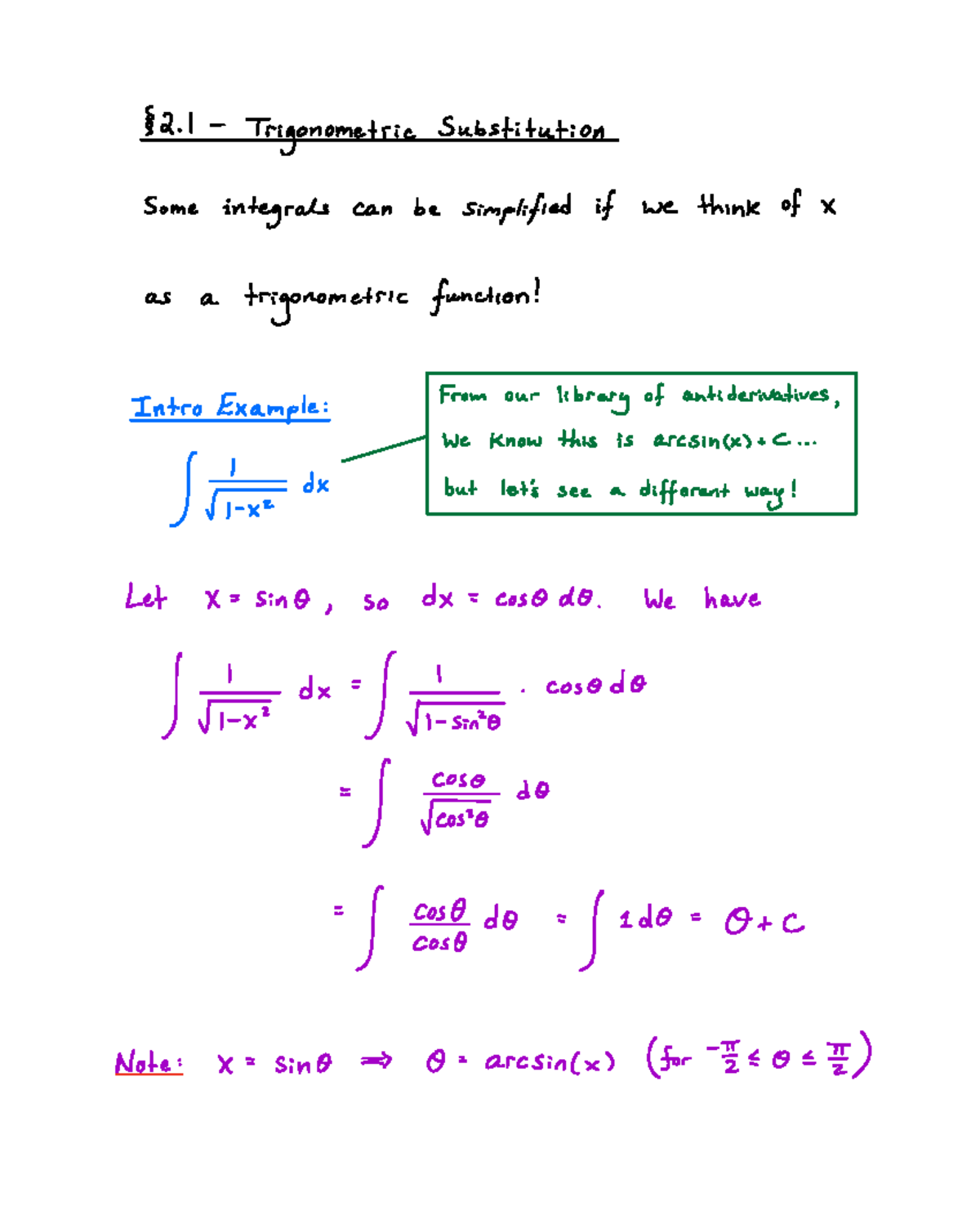 Trigonometric Substitution - Trigonometric Substitution Some integrals can be simplified if we ...