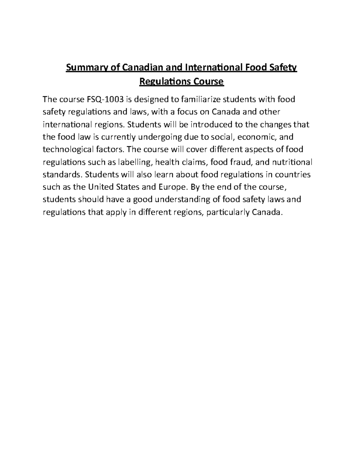 Canadian and International Food Safety Regulations - Students will be ...