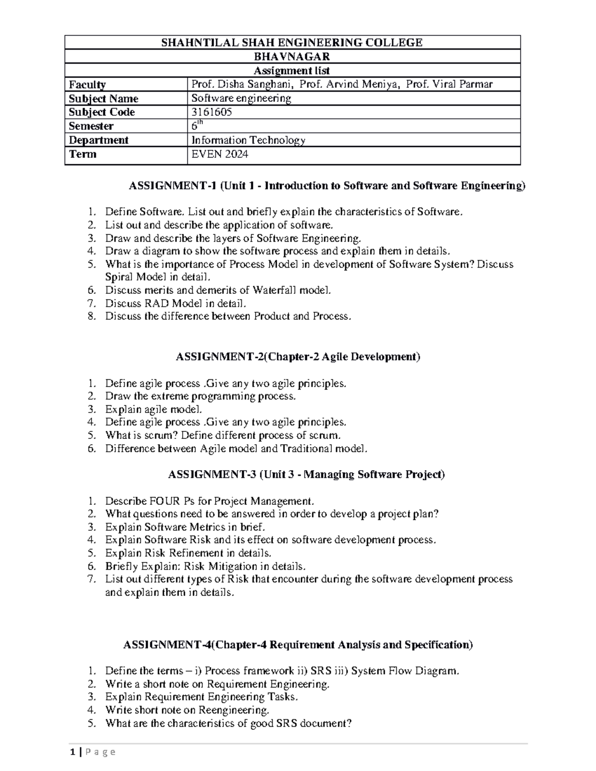 SE Assignment - 1 | P a g e SHAHNTILAL SHAH ENGINEERING COLLEGE BHAVNAGAR Assignment list ...