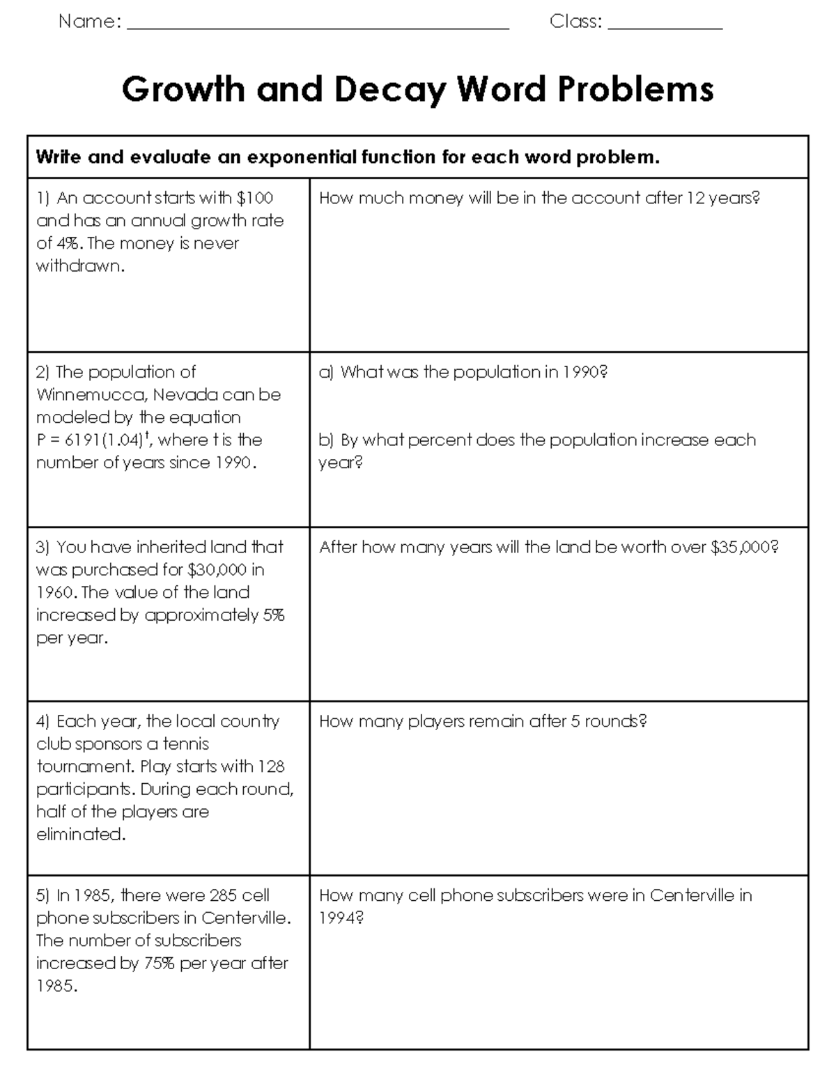 Growth and Decay Word Problems - Write and evaluate an exponential ...
