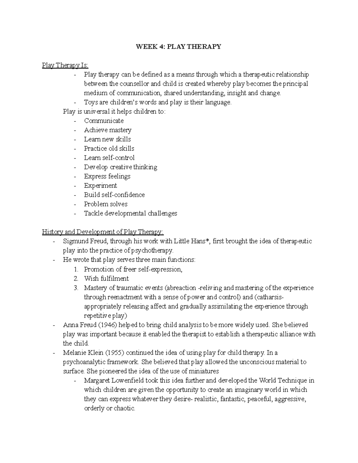 COU363 WEEK 4 Introduction TO PLAY Therapy Notes - WEEK 4: PLAY THERAPY ...