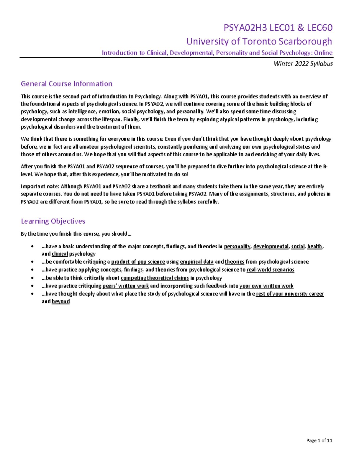 PSYA02 Syllabus Winter 2022 - PSYA02H3 LEC01 & LEC University of Toronto Scarborough - Studocu
