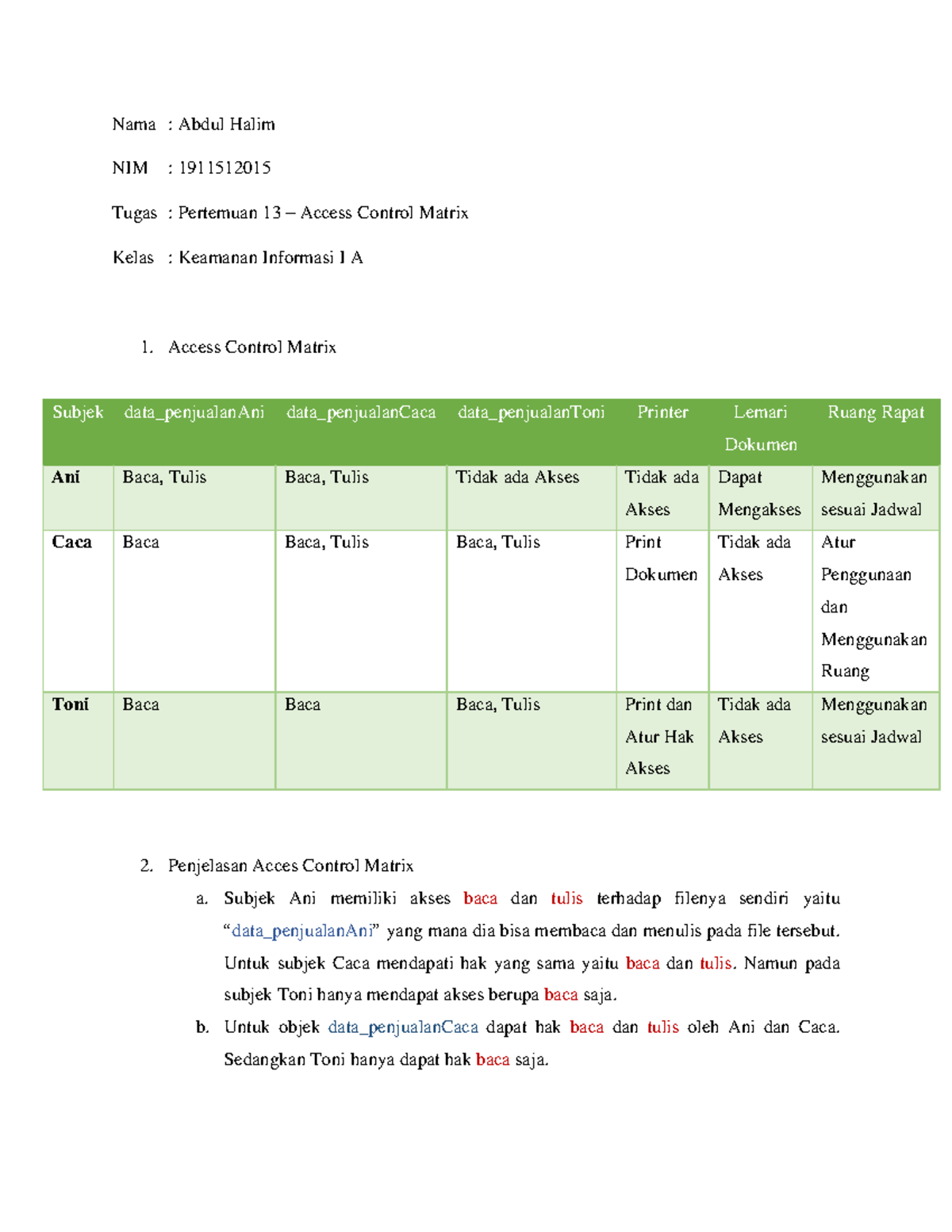 Tugas Access Control Matrix - Nama : Abdul Halim NIM : 1911512015 Tugas : Pertemuan 13 – Access ...
