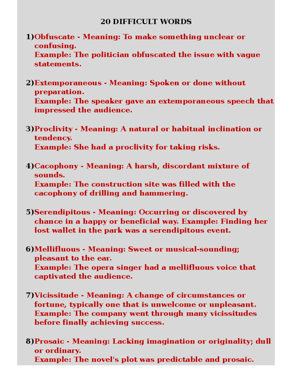 20 difficult Words PDF - Lecture notes for students - 20 DIFFICULT ...