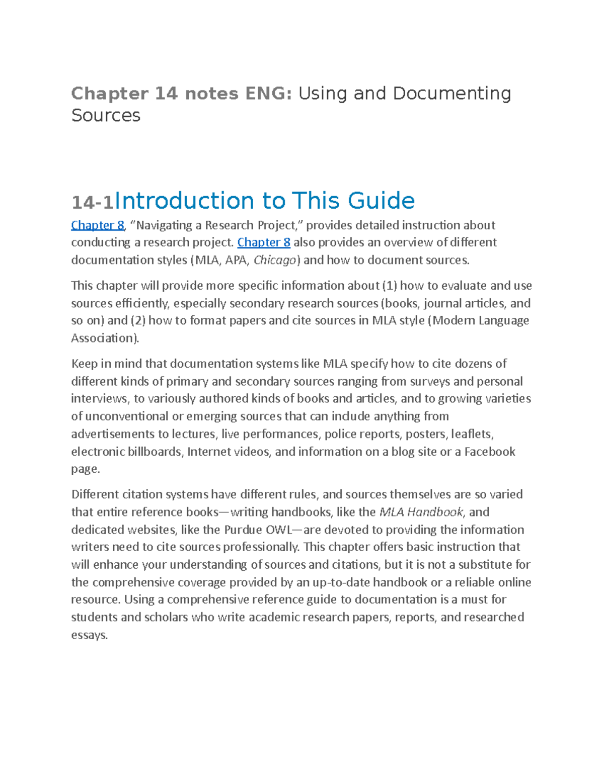 Chapter 14: Using and Documenting Sources - Studocu