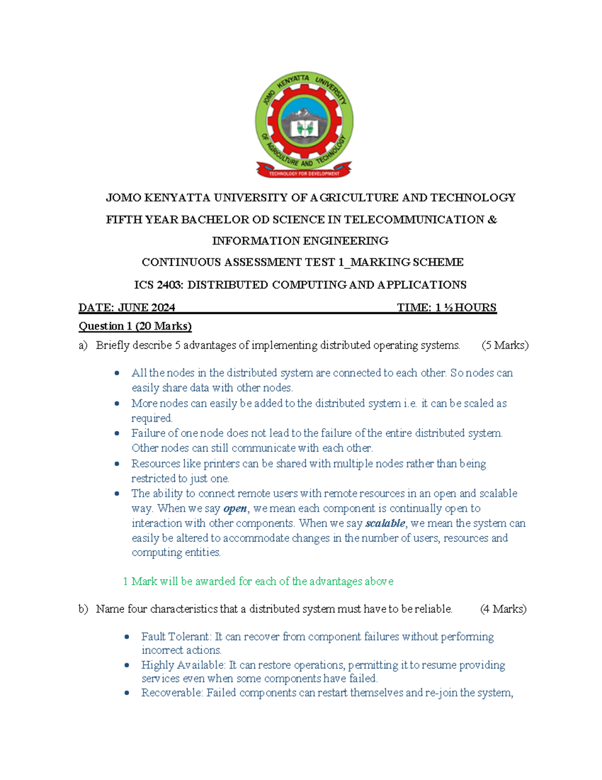 Cat 1 Distributed Computing And Applications 2024 Marking Scheme Jomo Kenyatta University Of