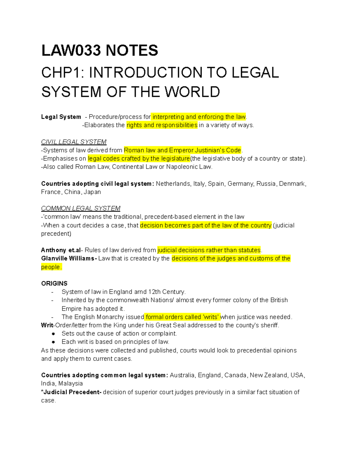 LAW033 Notes - LAW033 NOTES CHP1: INTRODUCTION TO LEGAL SYSTEM OF THE ...