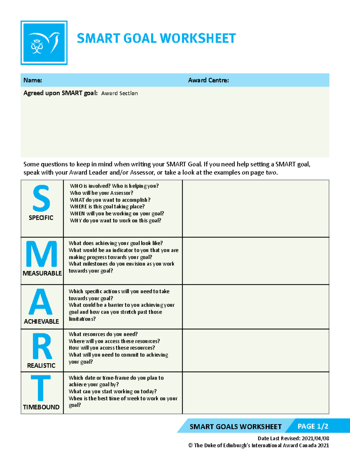 Smart Goals Worksheet 2 - SMART GOAL WORKSHEET SMART GOALS WORKSHEET ...