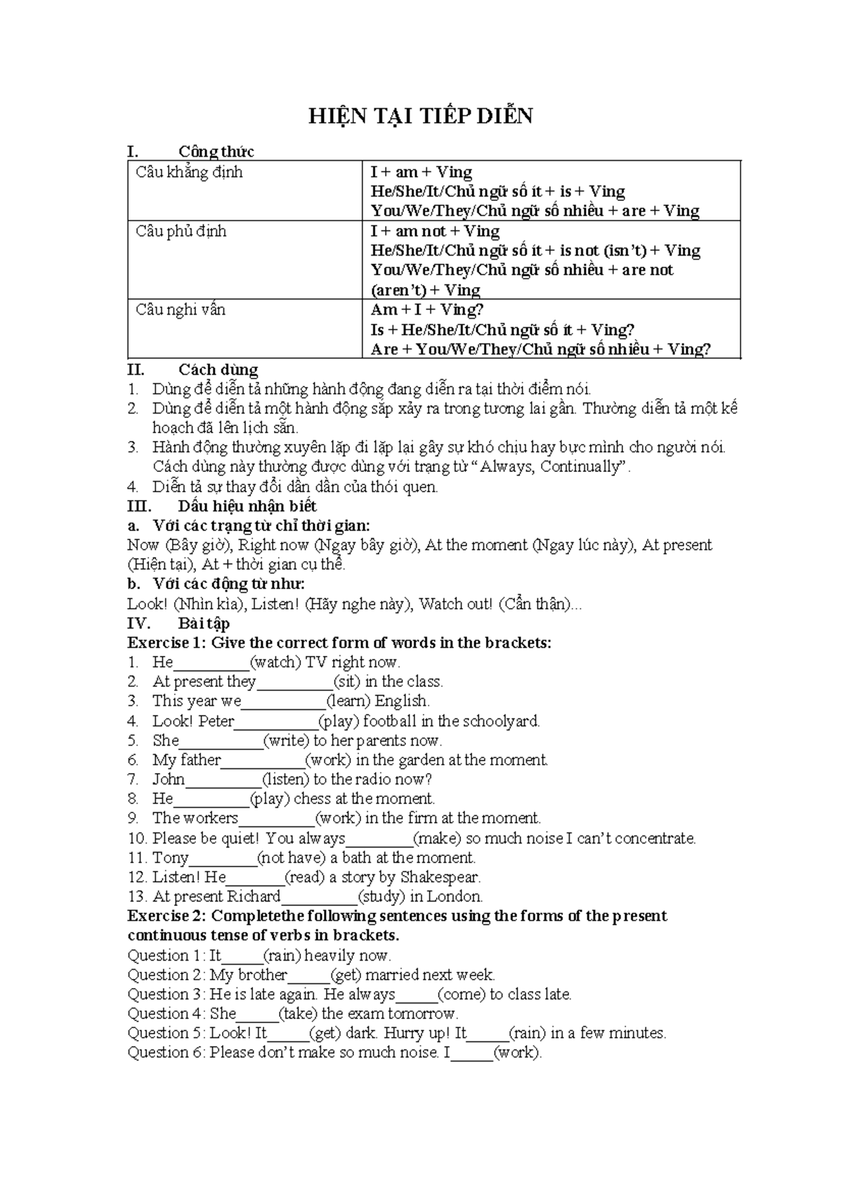 HIỆN TẠI TIẾP DIỄN - ........ - HIỆN TẠI TIẾP DIỄN I. Công thức Câu ...