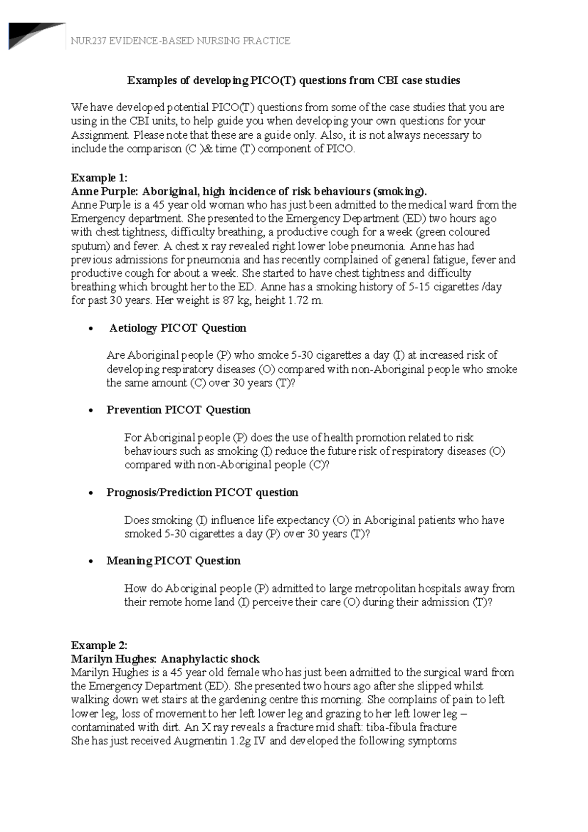Examples For Developing PICO Questions From CBI Case Studies Please