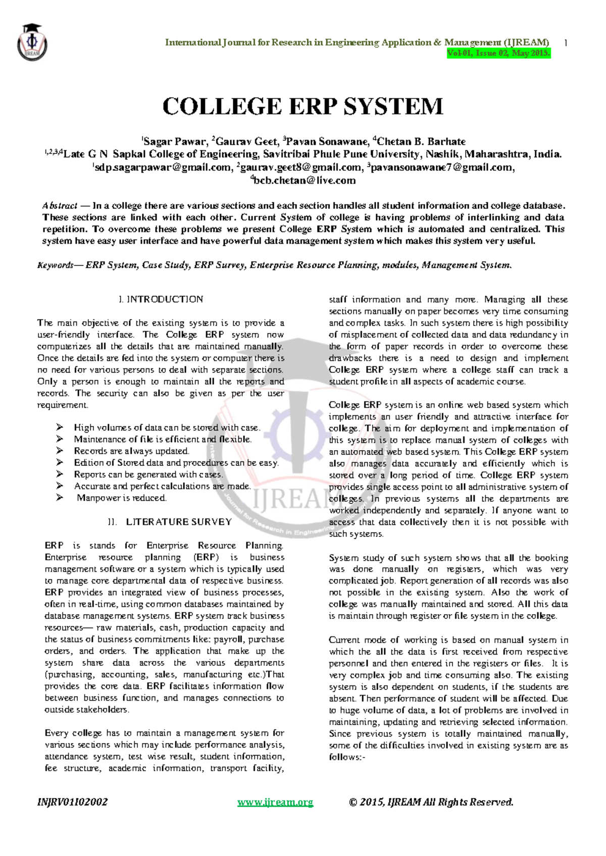 Injrv 01I02002 - Project report - Vol-01, Issue 02, May 2015. COLLEGE ...