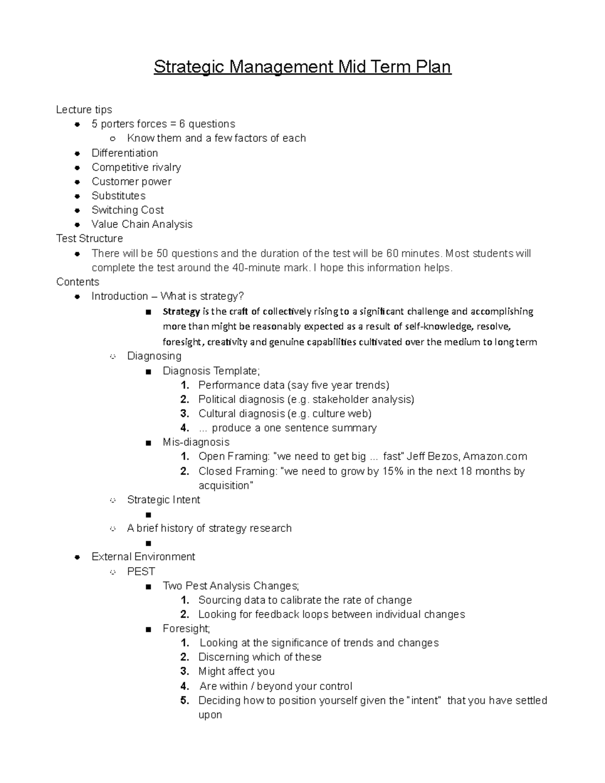 Strategic Management Mid Term Plan Lecture Tips - Studocu