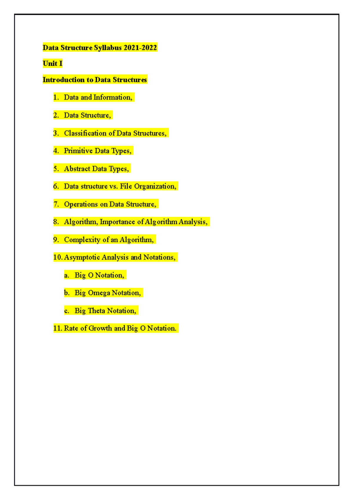SYIT DS syllabus - Data Structure Syllabus 2021- Unit I Introduction to Data Structures Data and ...