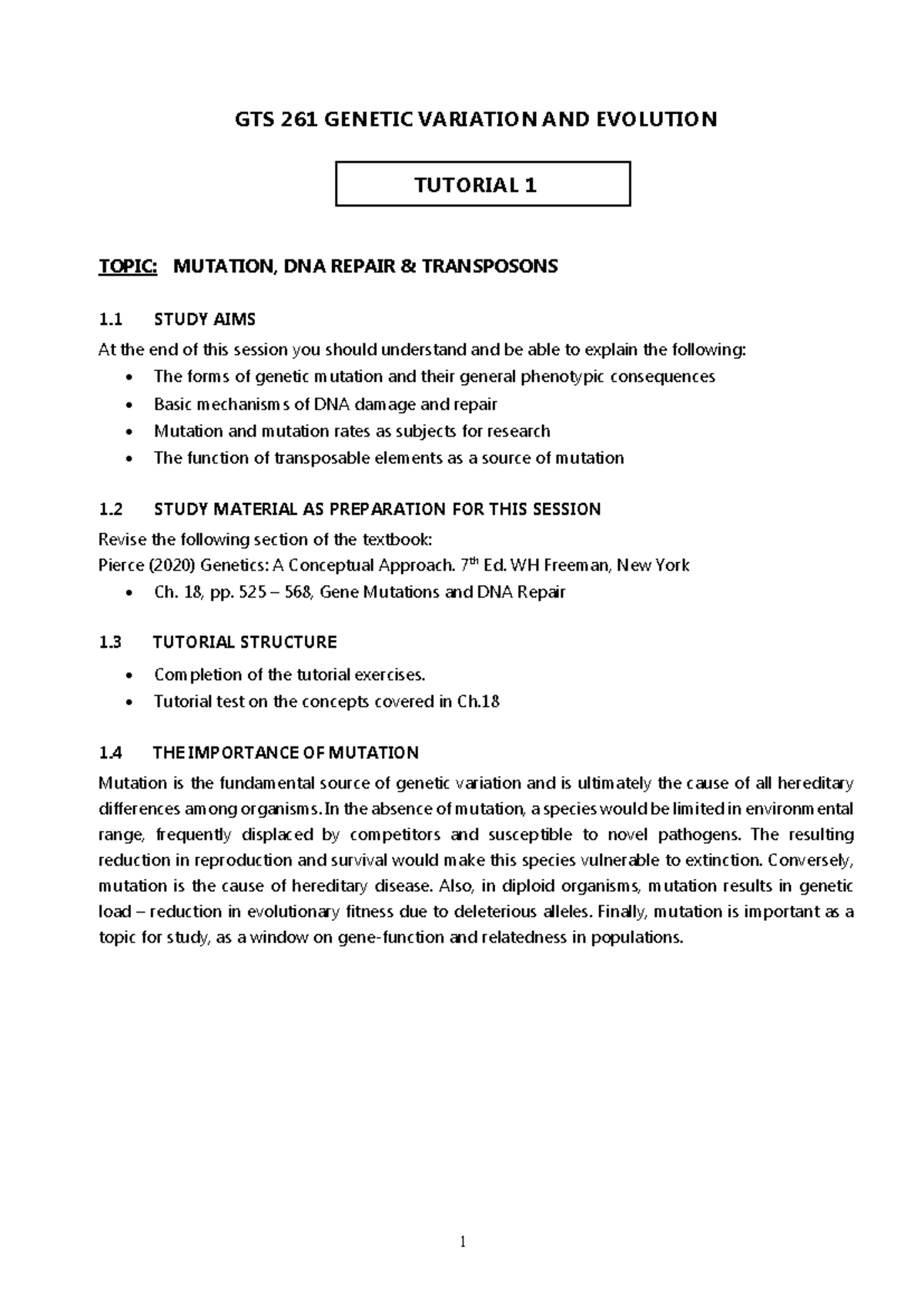 SU1 Chapter 18 Tutorial 1 Mutations and repair 2024 - GTS 2 61 GENETIC VARIATION AND EVOLUTION ...