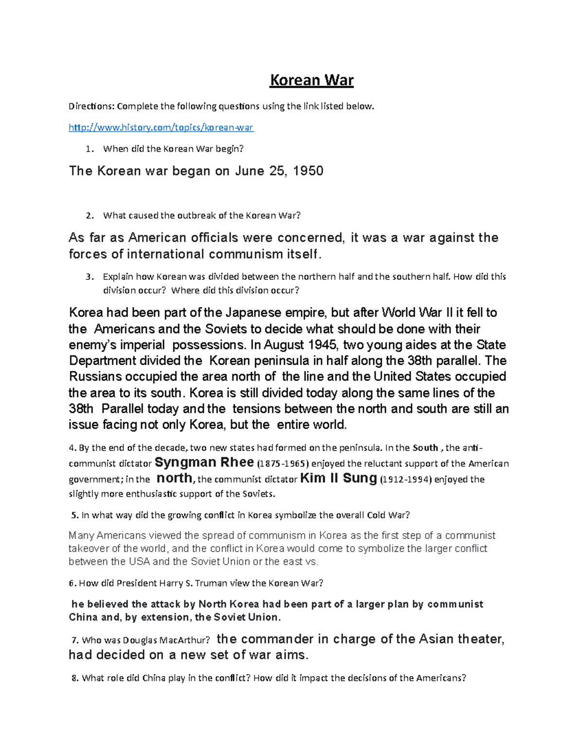 Korean War - idk - Korean War Directions: Complete the following ...