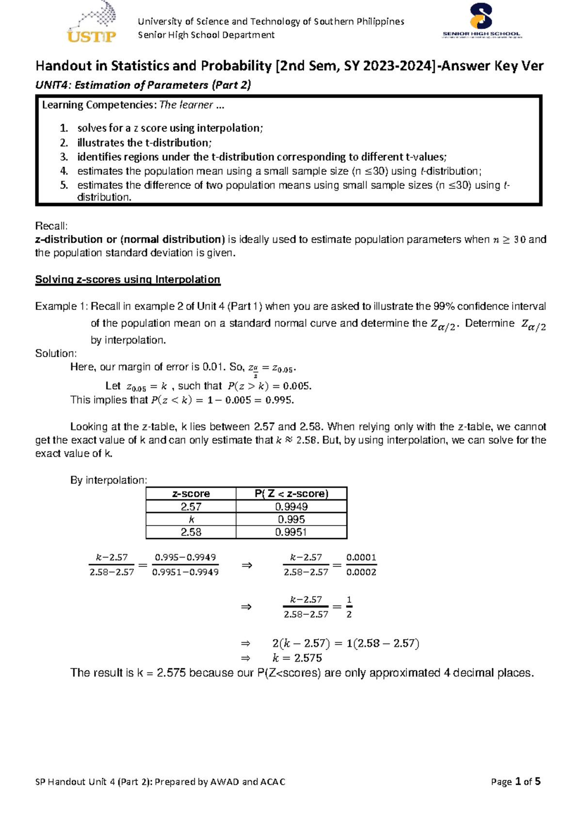 UNIT 4 PART 2 WITH Answer KEY - Handout in Statistics and Probability ...