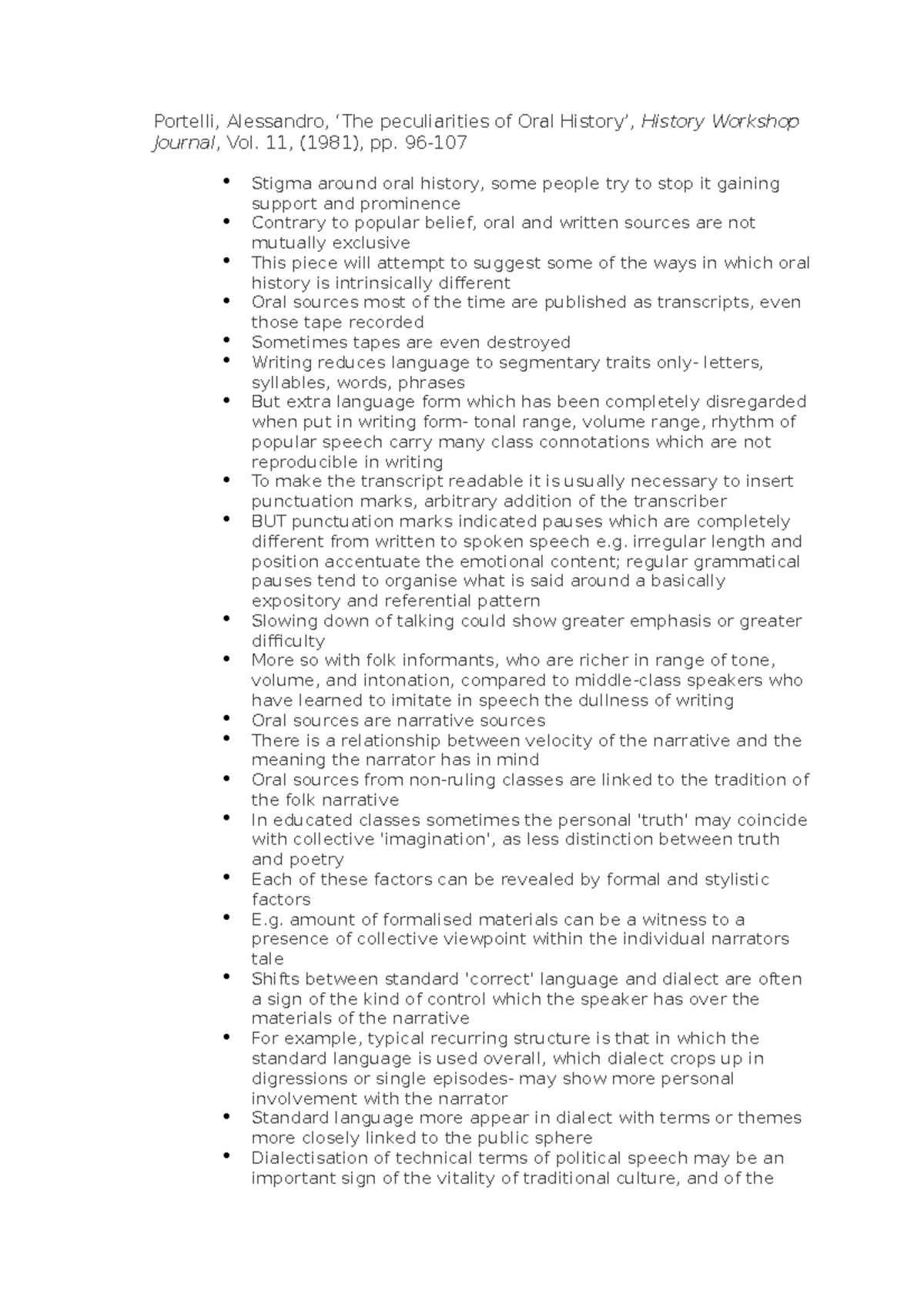 Oral History Reading - Portelli, Alessandro, ‘The peculiarities of Oral ...