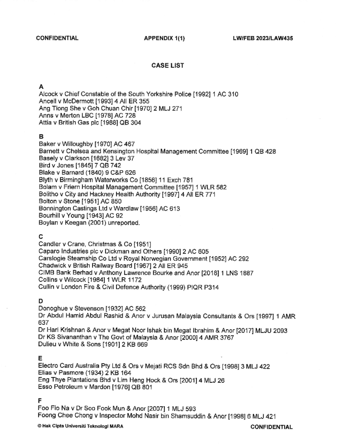 List cases tort - list of cses - CONFIDENTIAL APPENDIX 1(1) CASE LIST A ...