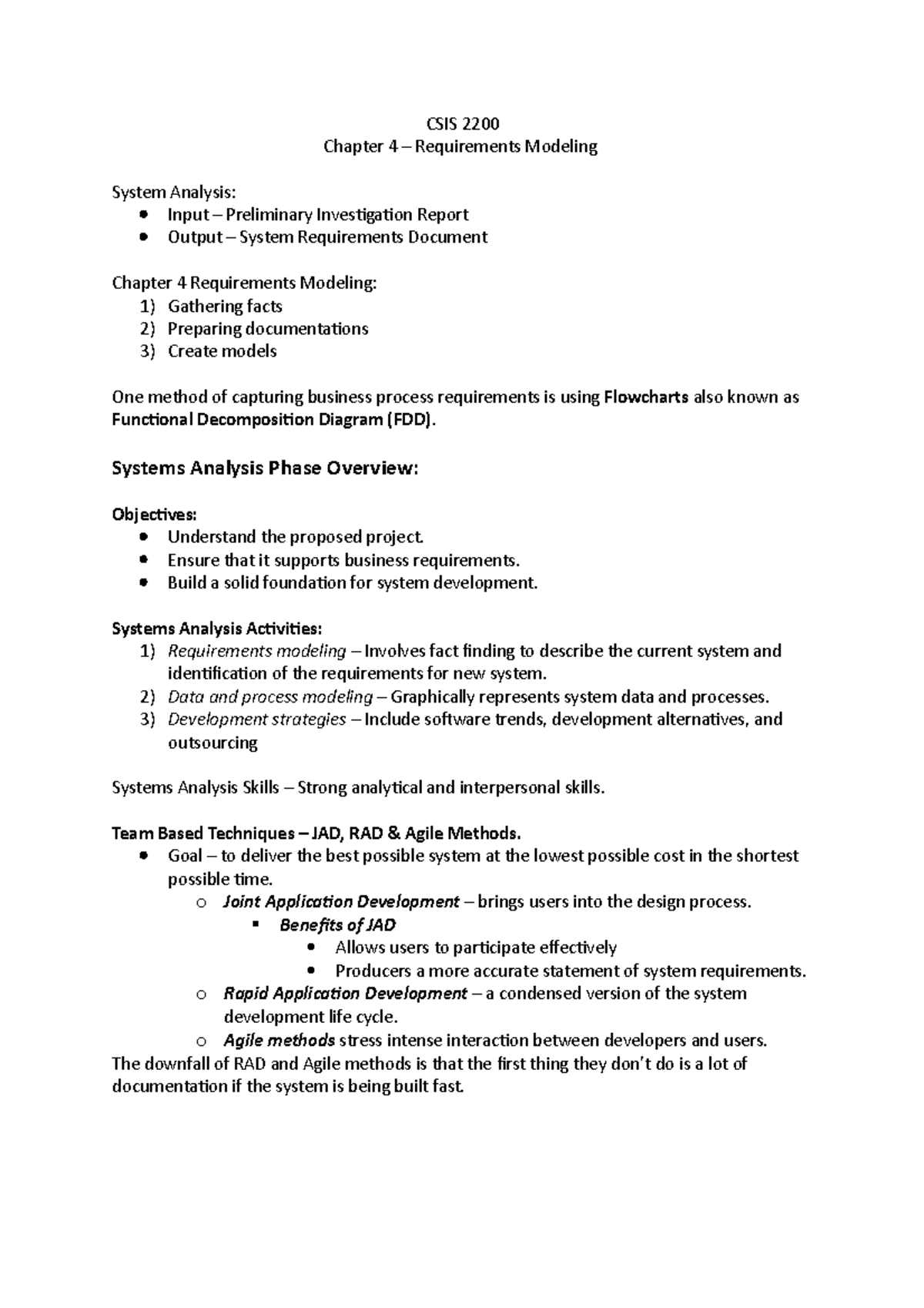 CSIS 2200 - Chapter 4 Notes - CSIS 2200 Chapter 4 – Requirements ...