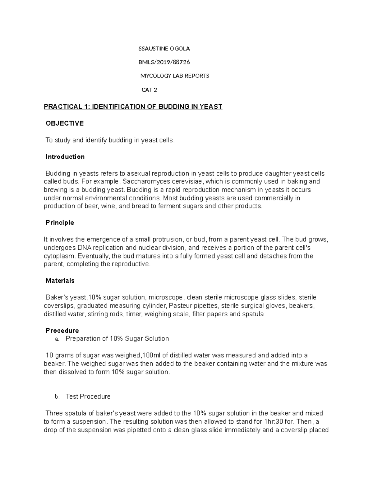 Clinical Mycology Practical Report - SSAUSTINE OGOLA BMLS/2019 ...