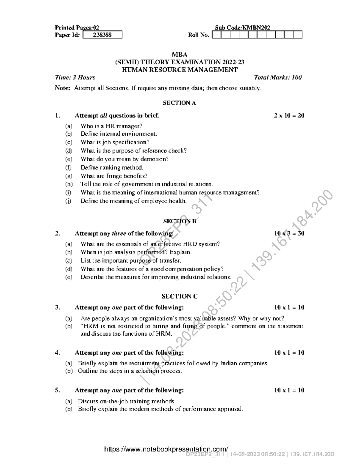 KMBN202 2022-23 - HUMAN RESOURCE MANAGEMENT question paper - QP23EP2 ...