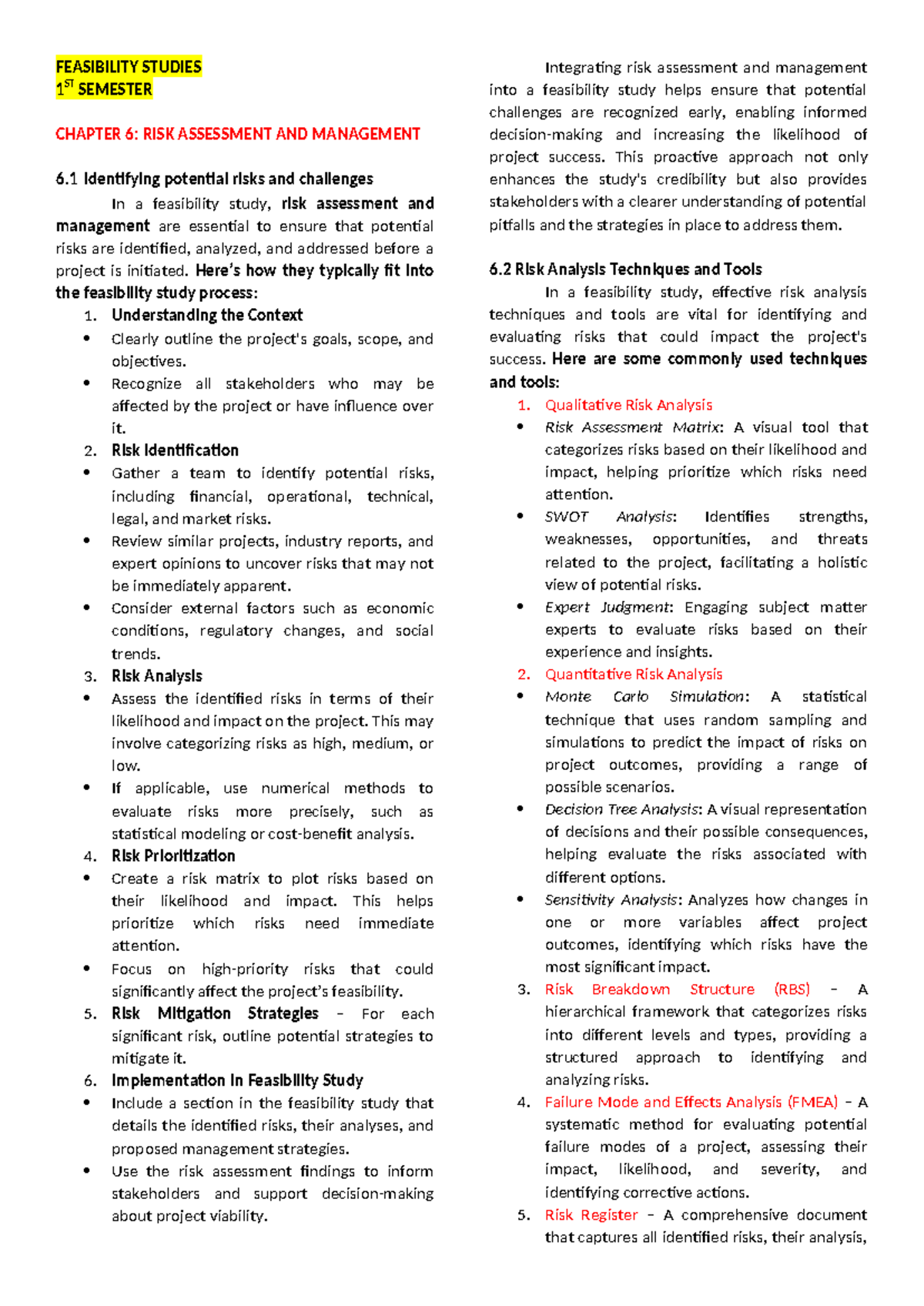 FS- Chapter 6 - feasibility study lecture - FEASIBILITY STUDIES 1 ST SEMESTER CHAPTER 6: RISK ...