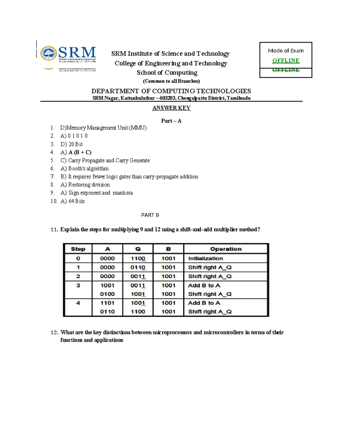 Set D Answer Key Coa Srm Institute Of Science And Technology College Of Engineering And