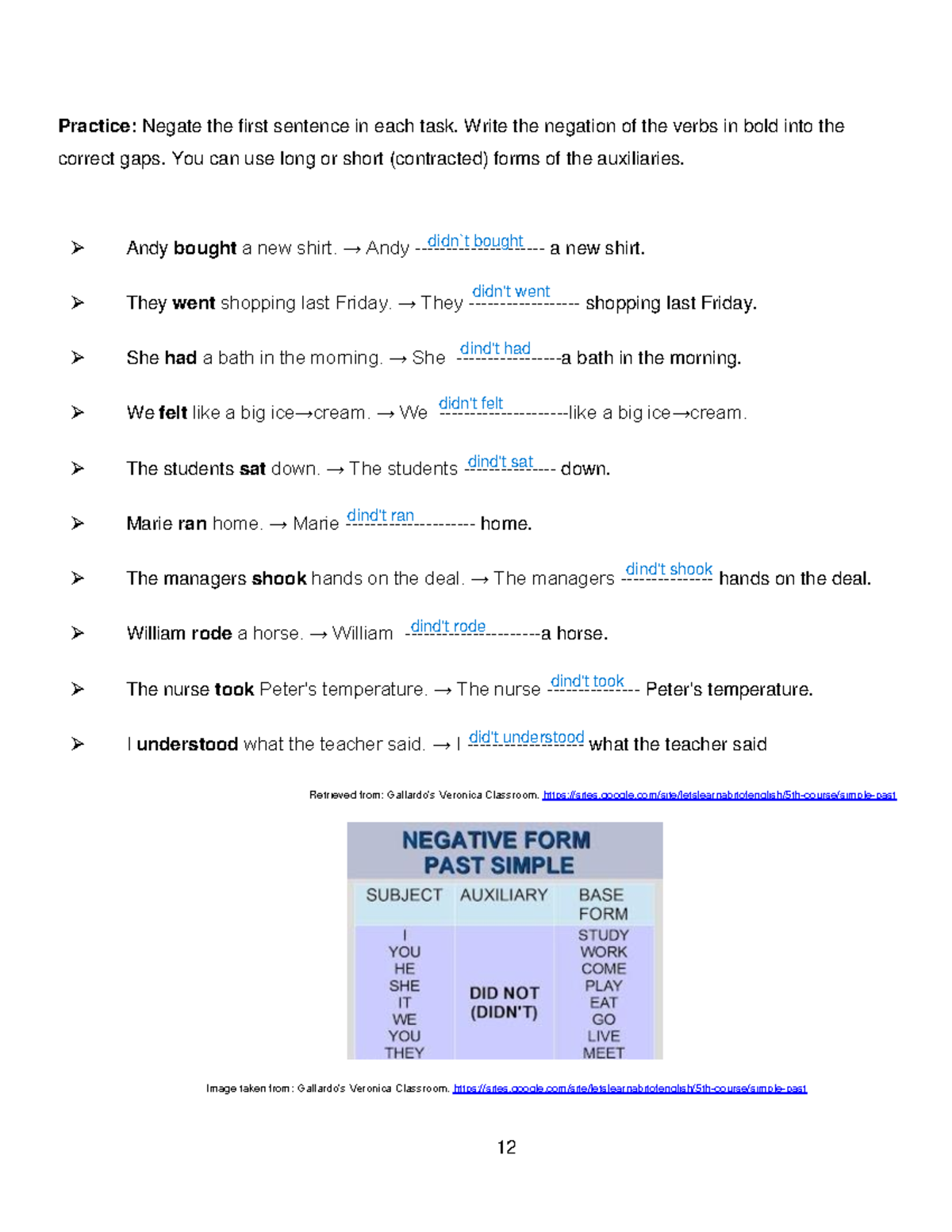 Activities - actividades - 12 Practice: Negate the first sentence in ...