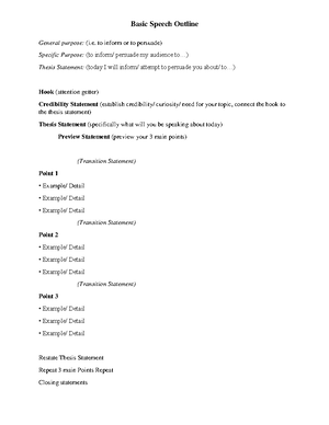 Basic Informative Speech Outline - BASIC INFORMATIVE SPEECH OUTLINE FORMAT Name: Topic ...