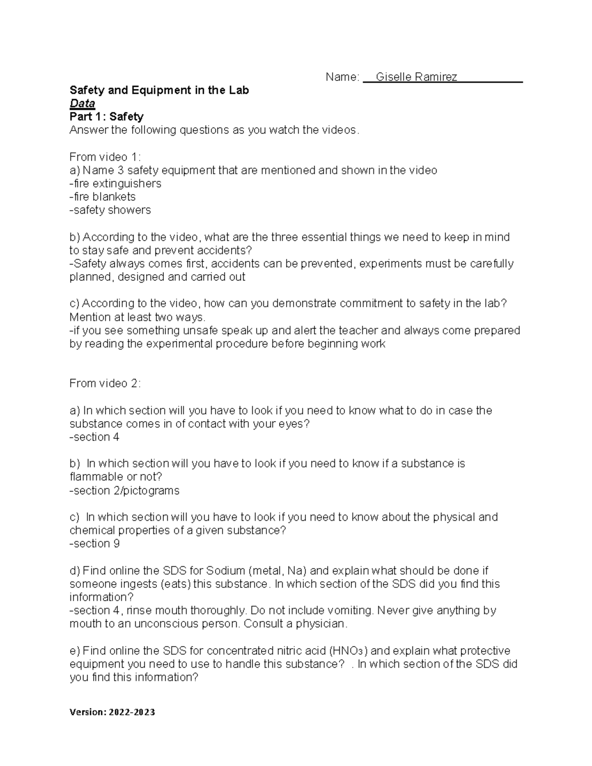 Experiment 1-Safety and Equipment in the Lab 2023 - Name: Giselle ...