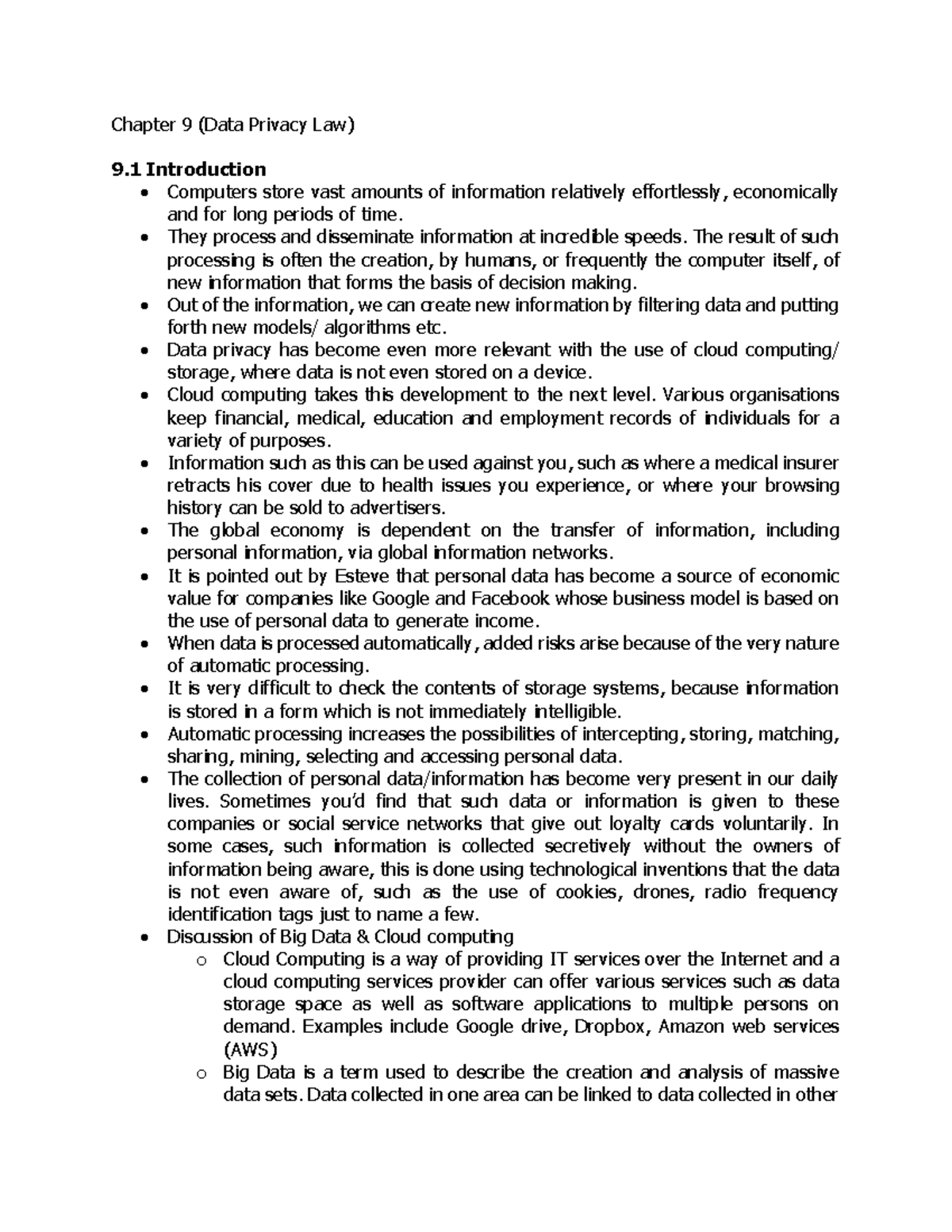 Cyber law notes - Chapter 9 (Data Privacy Law) 9 Introduction ...