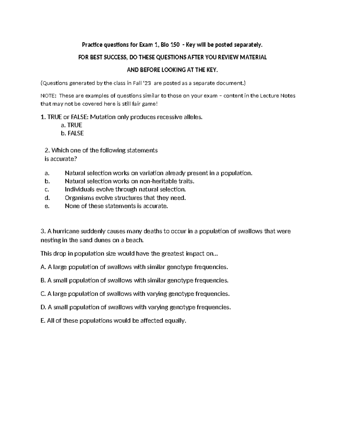 Practice questions for Exam 1 - FOR BEST SUCCESS, DO THESE QUESTIONS ...