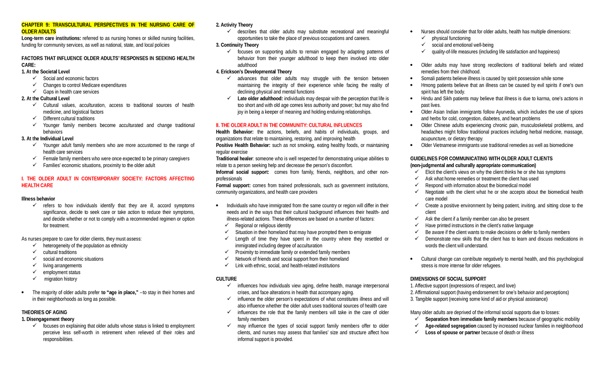 TCN Chapter 9 10 Reviewer - CHAPTER 9: TRANSCULTURAL PERSPECTIVES IN THE NURSING CARE OF OLDER ...