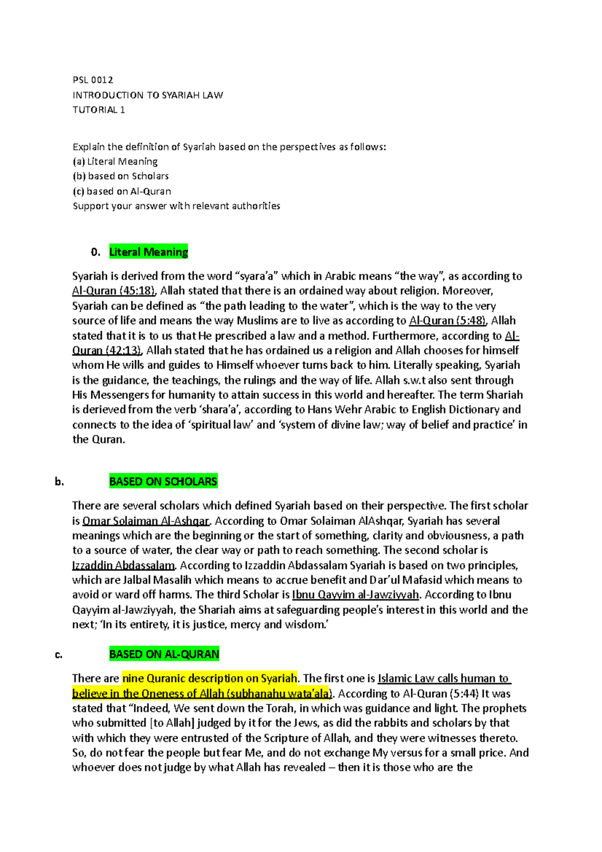 introduction to syariah - PSL 0012 INTRODUCTION TO SYARIAH LAW TUTORIAL ...