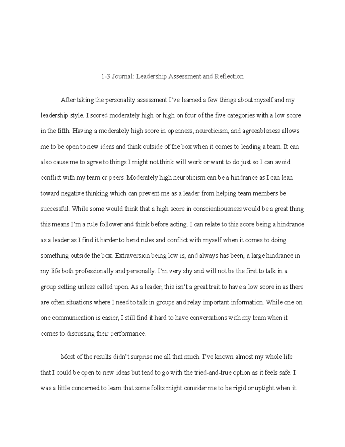 1-3 Journal Leadership Assessment and Reflection - I scored moderately ...