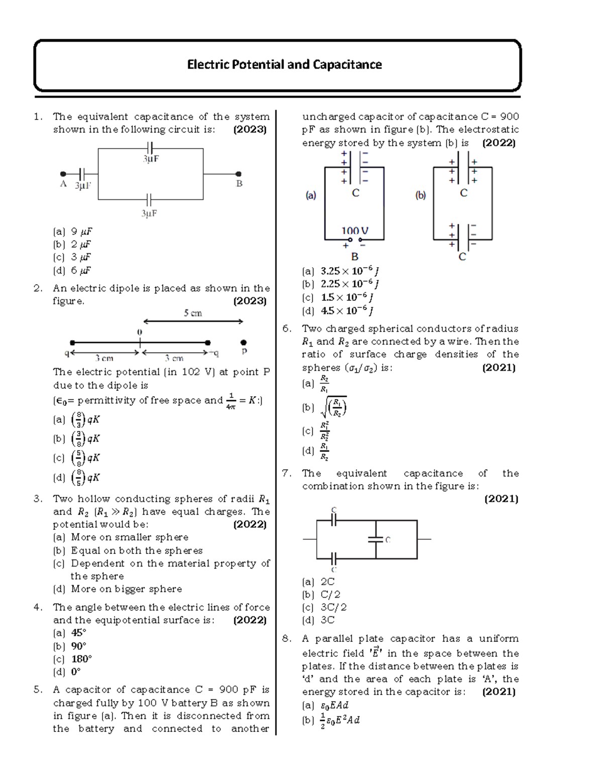 Practice sheets of physics - The equivalent capacitance of the system ...