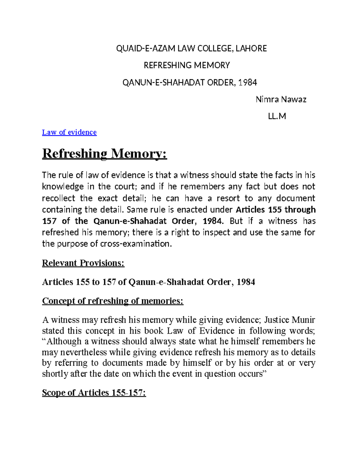 Refreshing memory part-V - QUAID-E-AZAM LAW COLLEGE, LAHORE REFRESHING ...