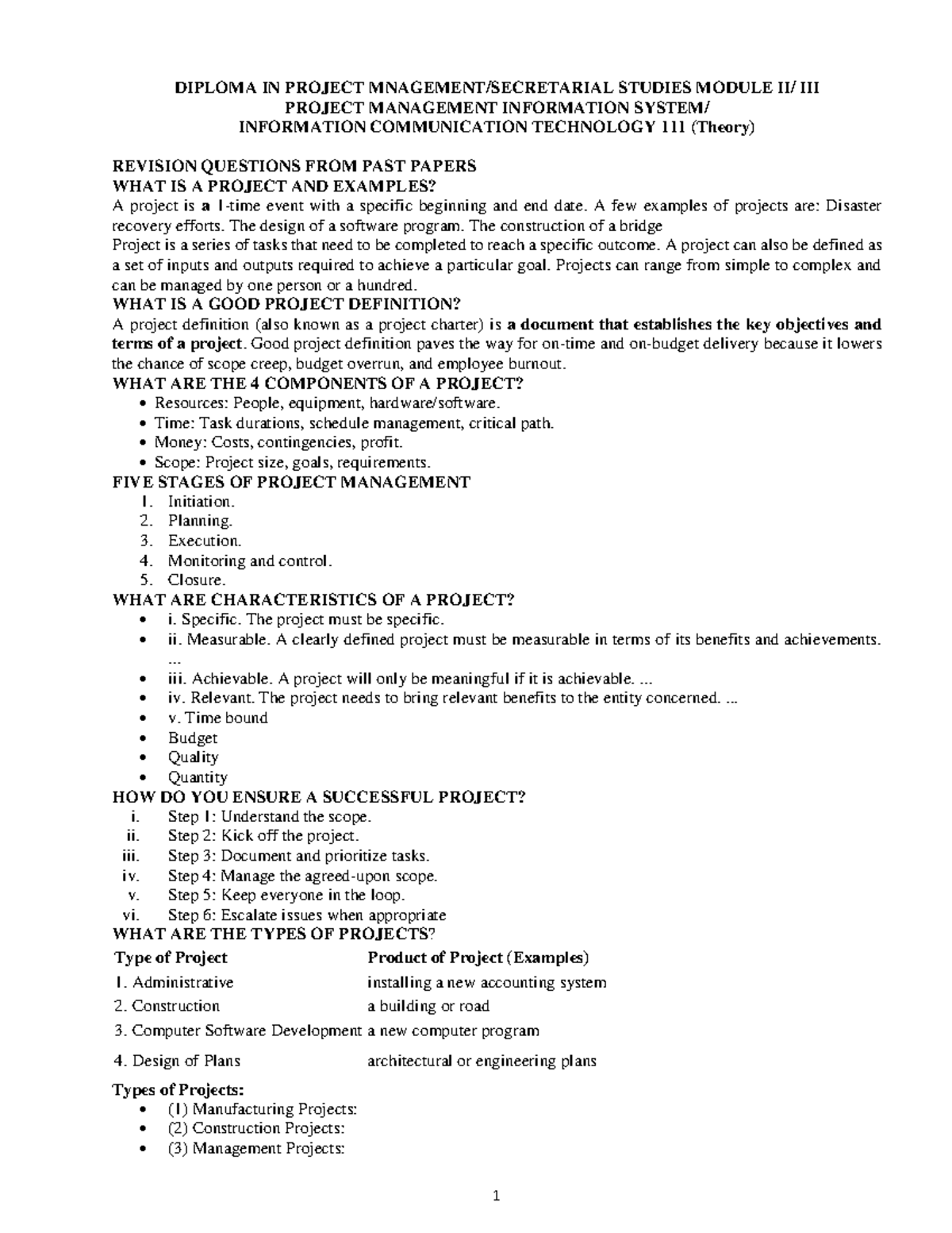 Project Management - DIPLOMA IN PROJECT MNAGEMENT/SECRETARIAL STUDIES ...