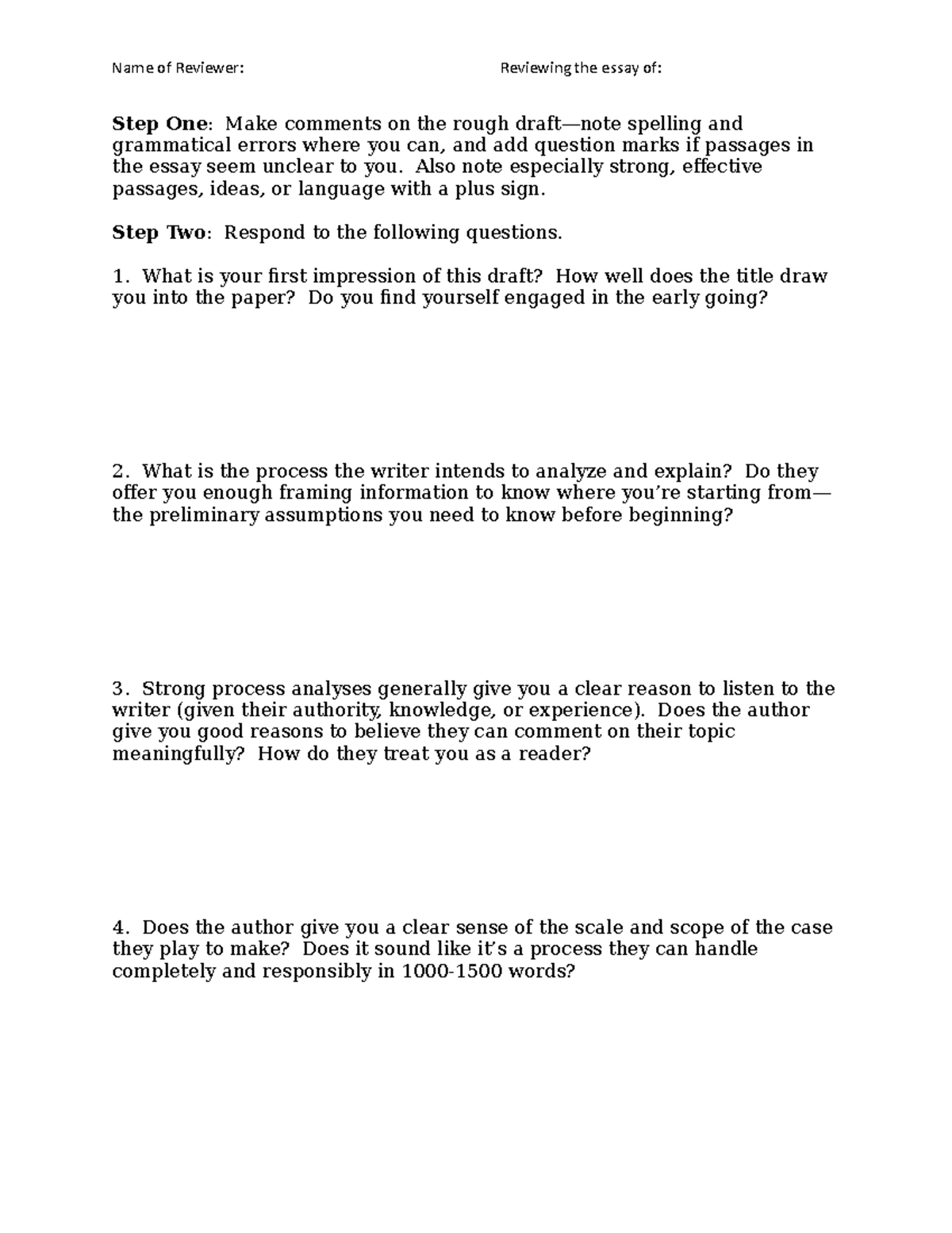 Peer Response Sheet - Essay One - Name of Reviewer: Reviewing the essay ...