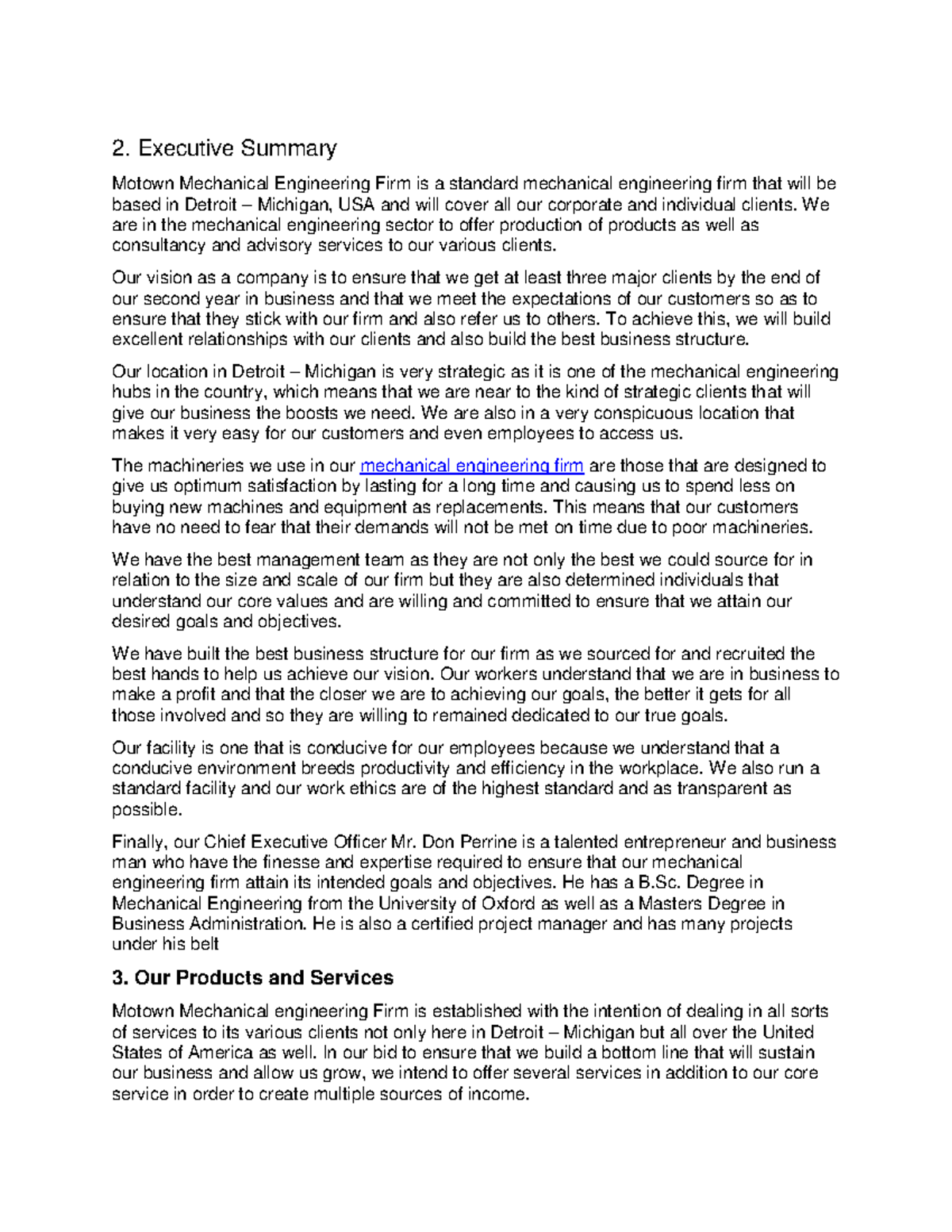 Mechanical bs - 2. Executive Summary Motown Mechanical Engineering Firm ...