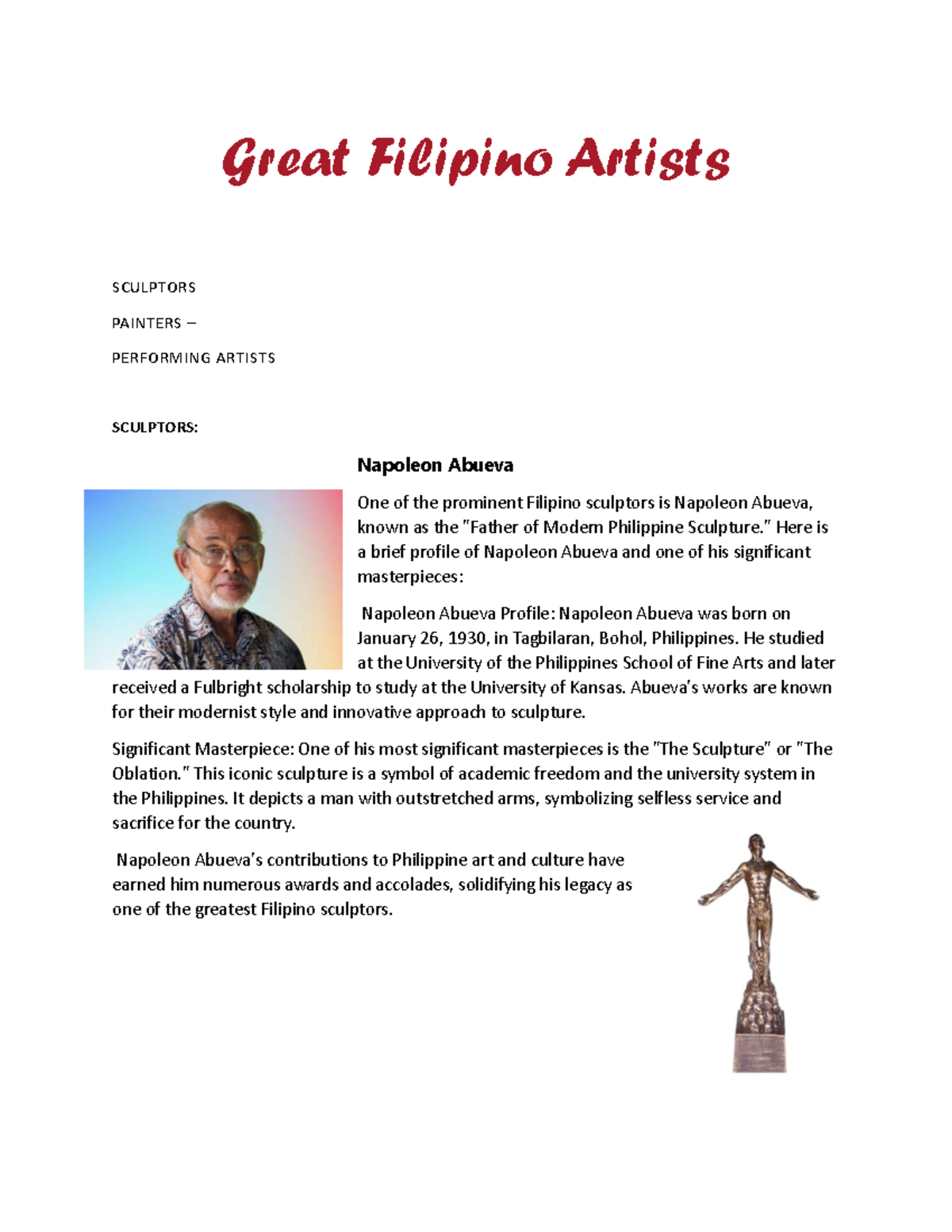 Great Filipino Artists - Great Filipino Artists SCULPTORS PAINTERS ...