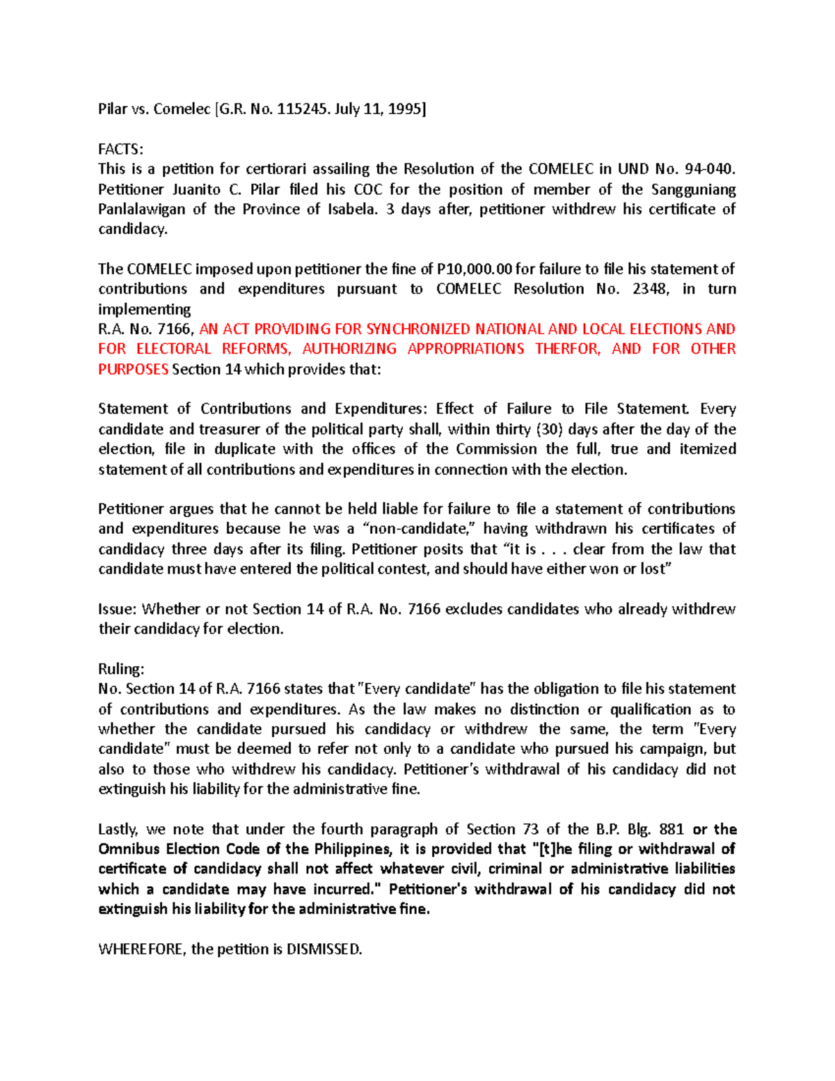2. Pilar vs Comelec - Pilar vs. Comelec [G. No. 115245. July 11, 1995 ...