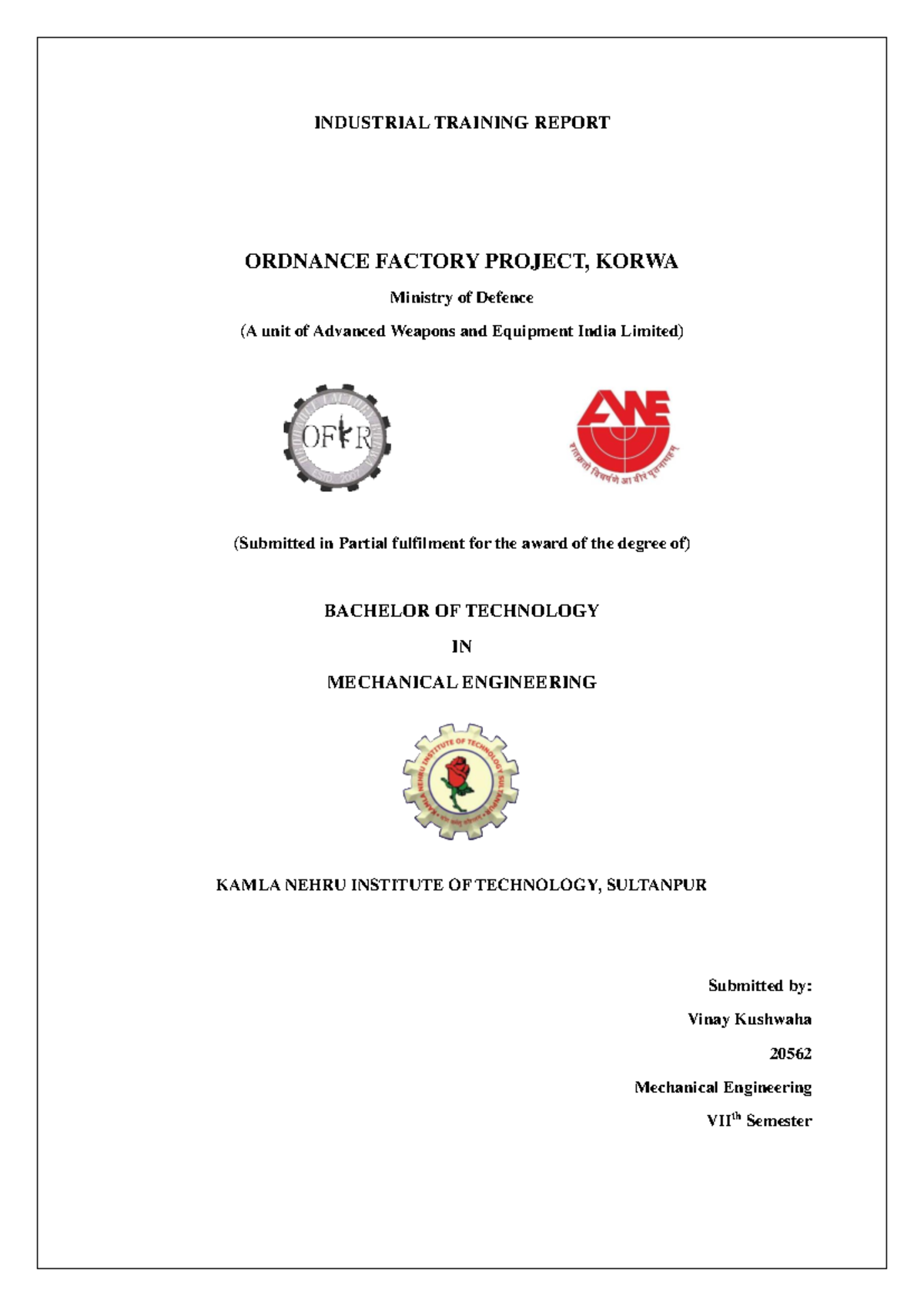 Industrial Training Report - INDUSTRIAL TRAINING REPORT ORDNANCE ...