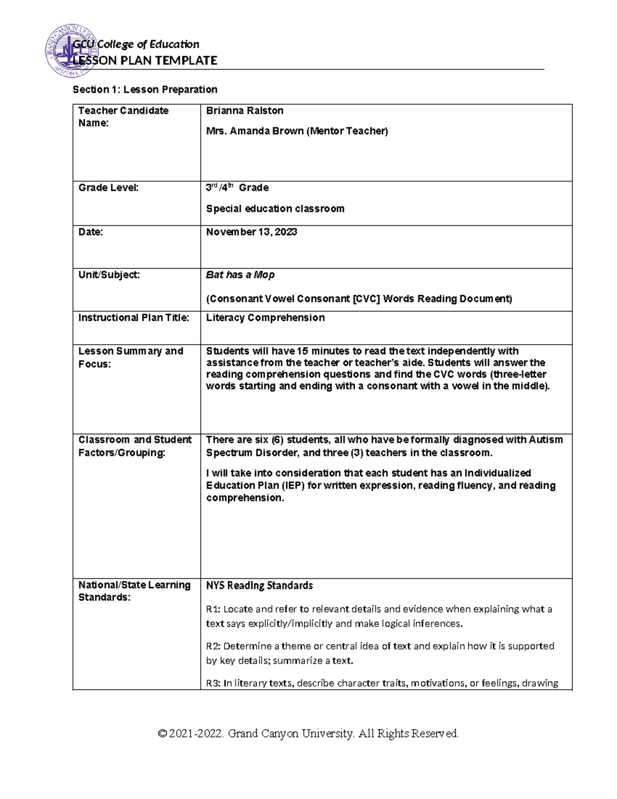 BR SPD 560 Clinical Field Experience A- Student Development - LESSON ...