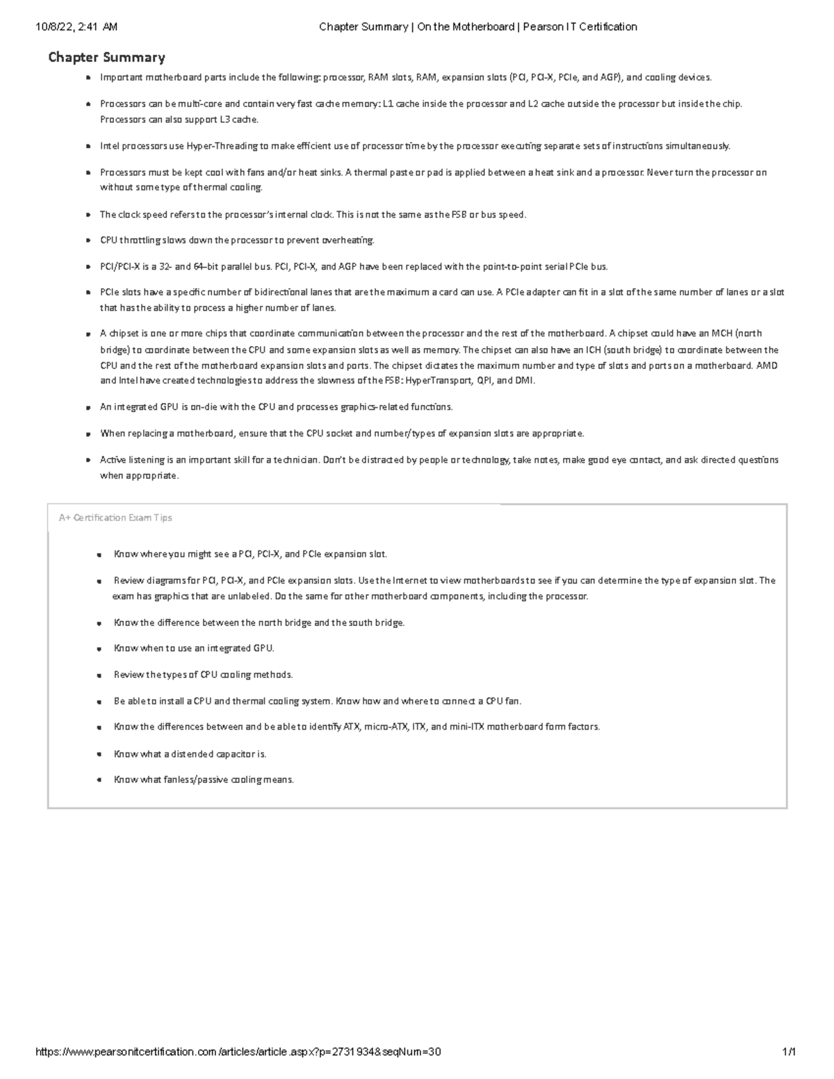 Chapter Summary On the Motherboard Pearson IT Certification - 10/8/22, 2:41 AM Chapter Summary ...