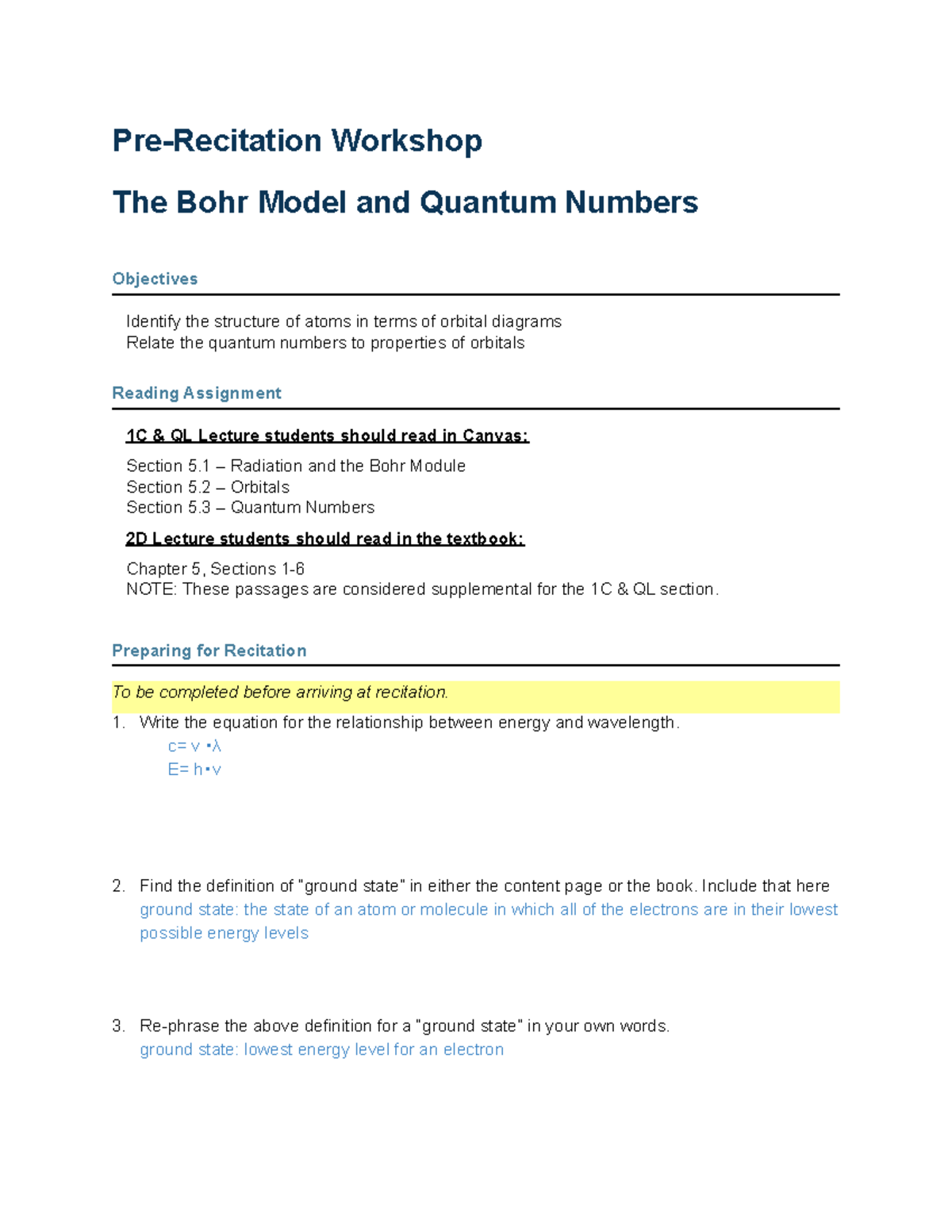 Week 9 PRE REC - assignment/questions for lecture - Pre-Recitation Workshop The Bohr Model and ...